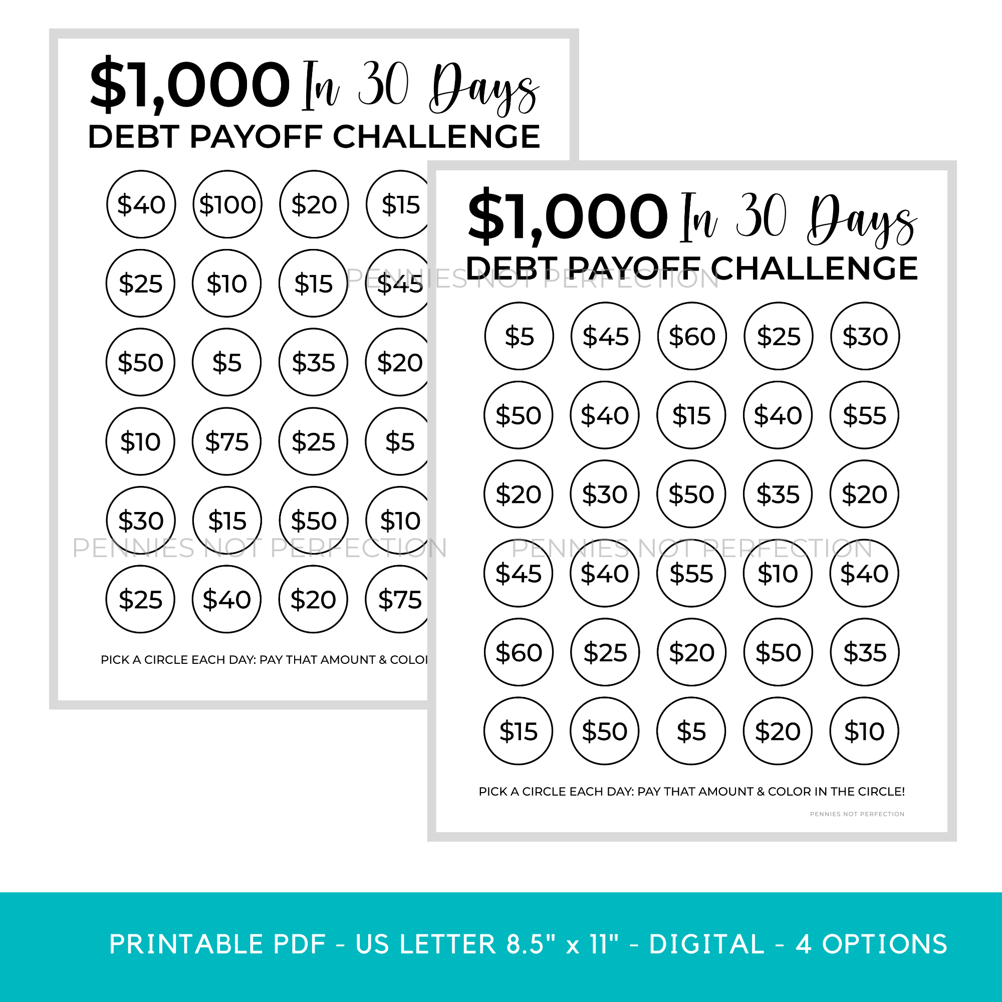 30 Day $1000 Debt Payoff Challenge Trackers – penniesnotperfection