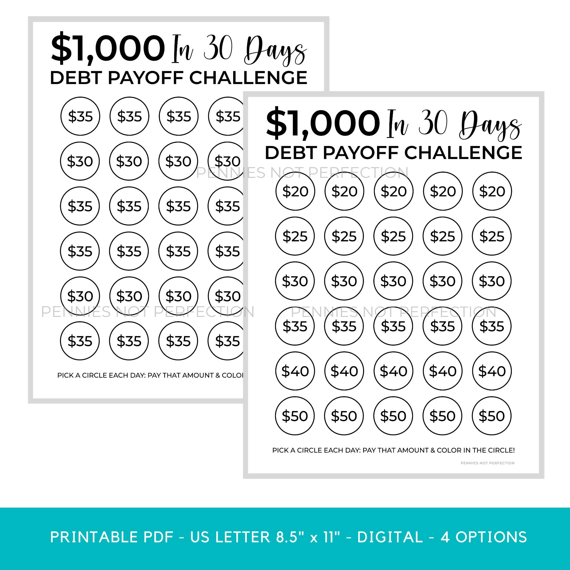 30 Day $1000 Debt Payoff Challenge Trackers – penniesnotperfection
