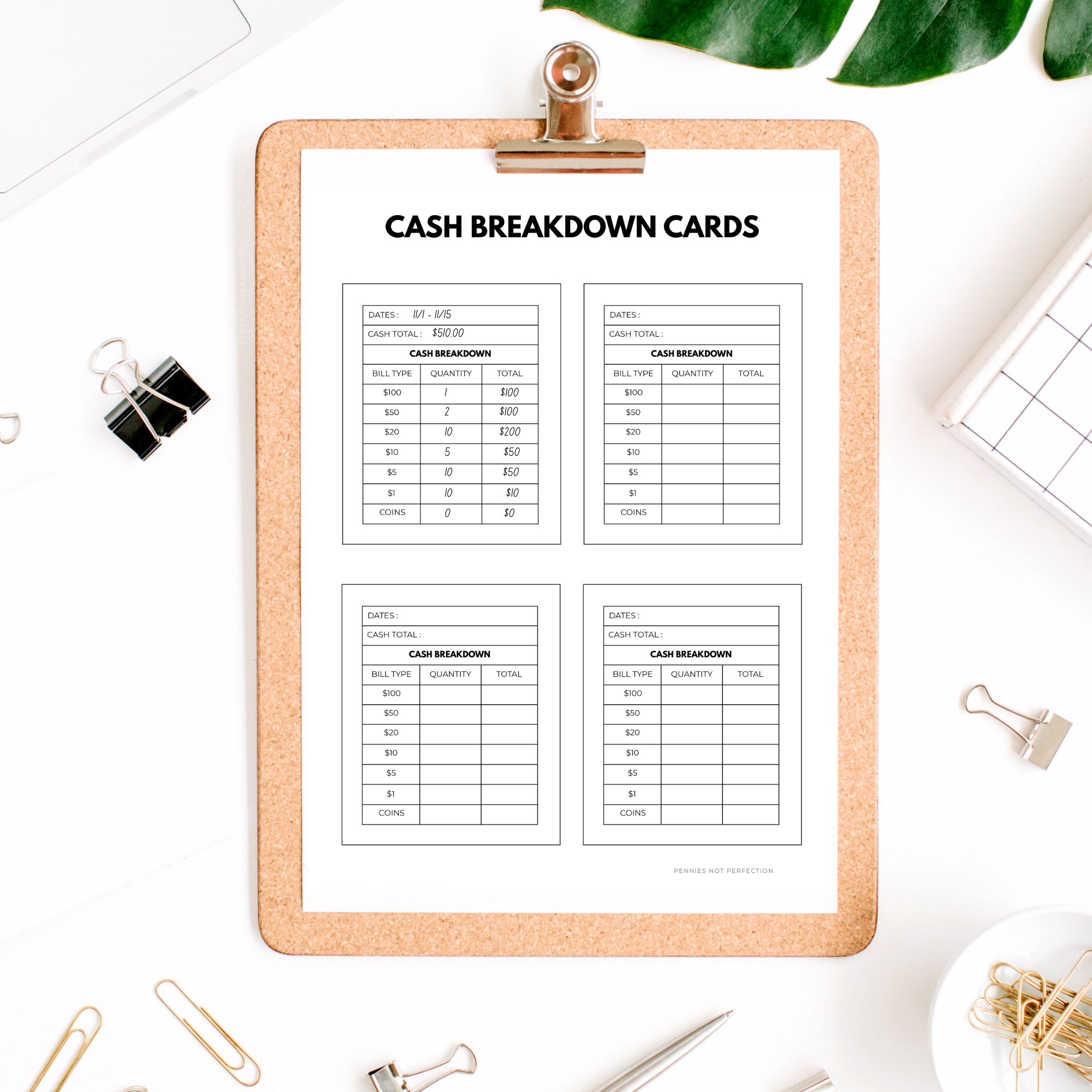 Cash Breakdown Card Printable | Cash Envelope System Printable ...